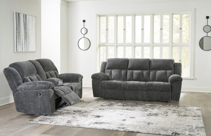 Rent To Own Ashley Frohn Graphite Reclining Sofa & Reclining Loveseat w ...