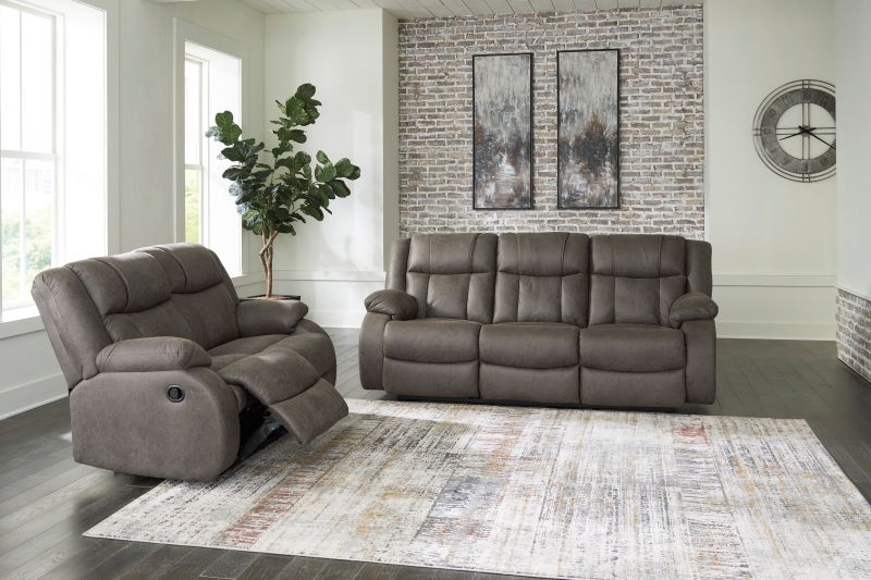 Rent To Own Ashley First Base Gunmetal Reclining Sofa & Reclining Loveseat